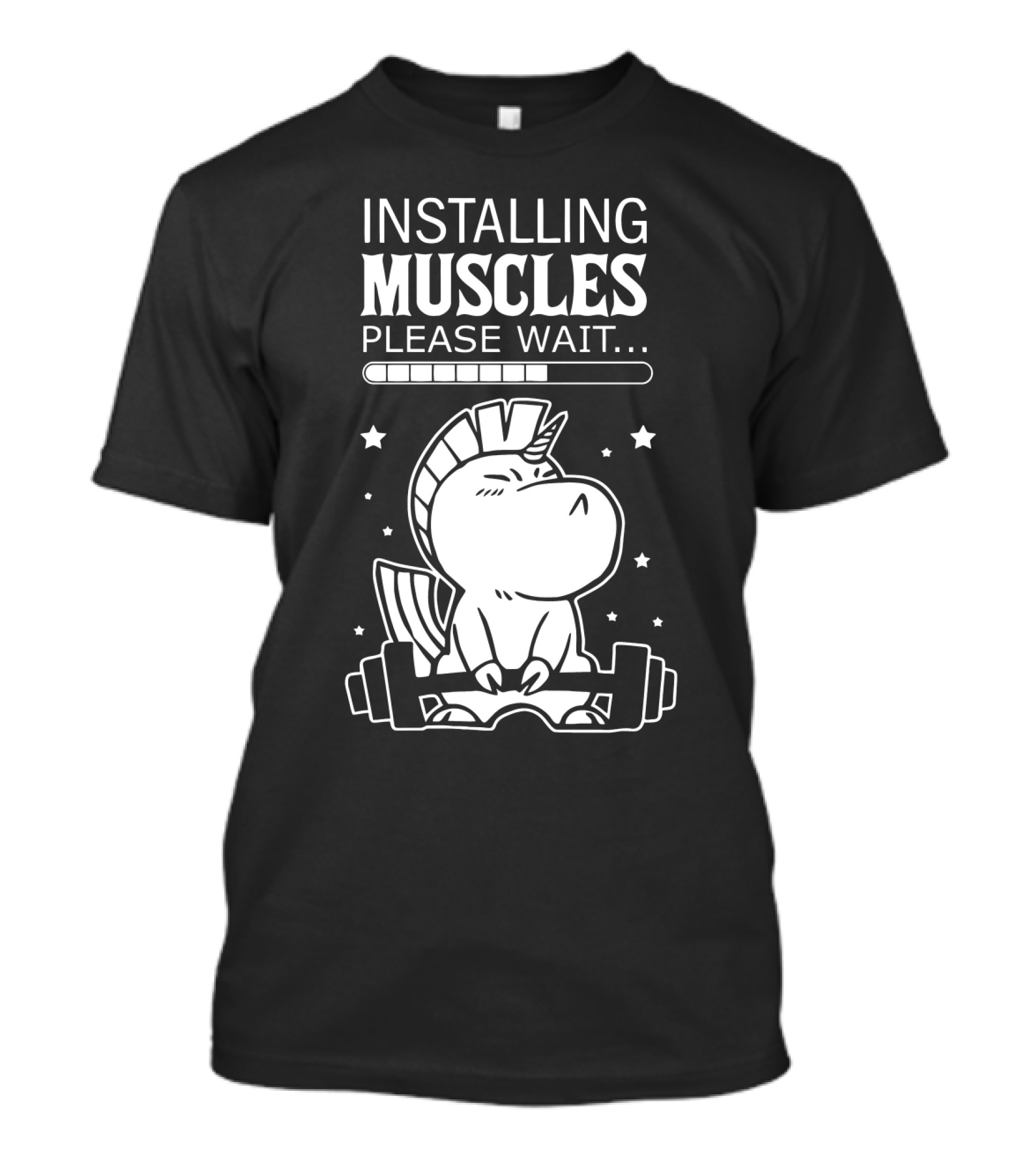 Installing Muscles Please Wait Unicorn Lifting Dumbbells T-Shirt