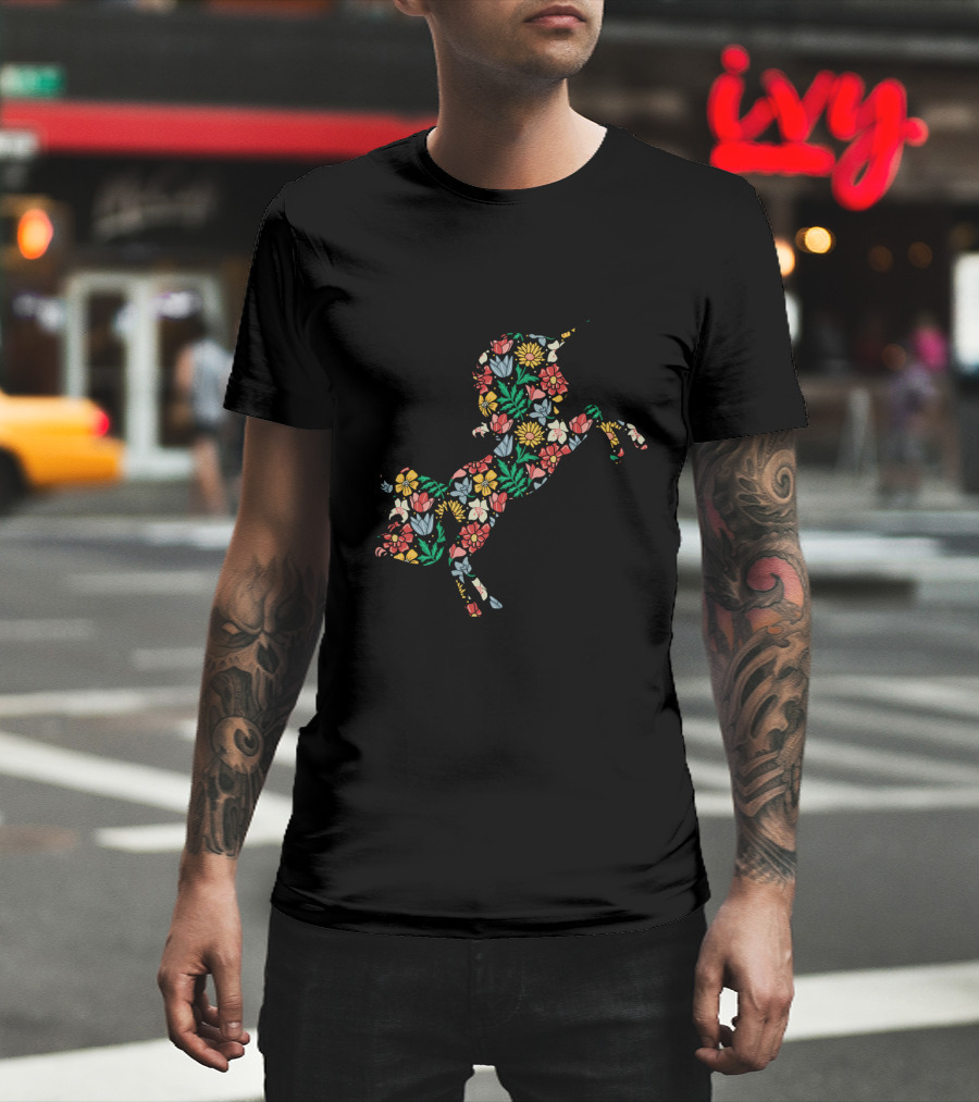 Unicorn Flower Silhouette With Vibrant Floral T-Shirt