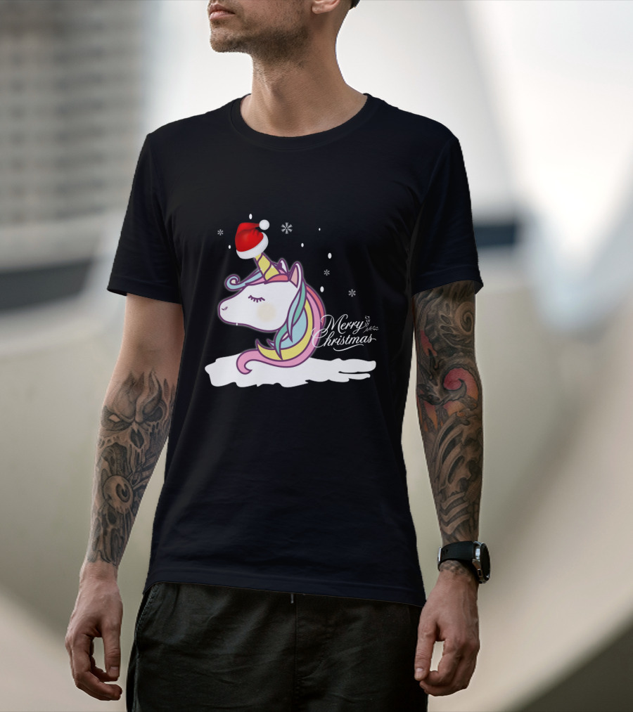 Unicorn Merry Christmas Snowflakes Santa Hat T-Shirt