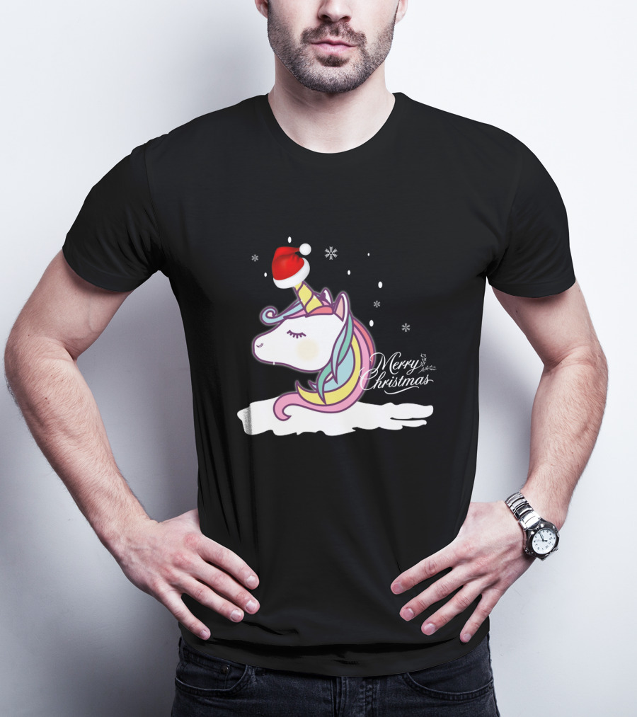Unicorn Merry Christmas Snowflakes Santa Hat T-Shirt