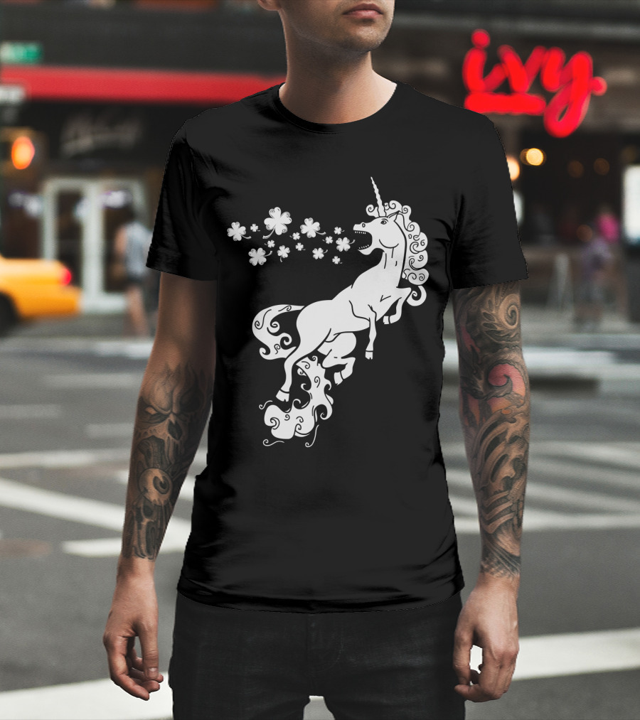Unicorn Blowing Shamrock Flowers Mystical T-Shirt