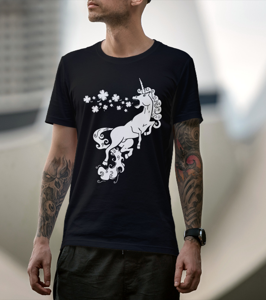 Unicorn Blowing Shamrock Flowers Mystical T-Shirt