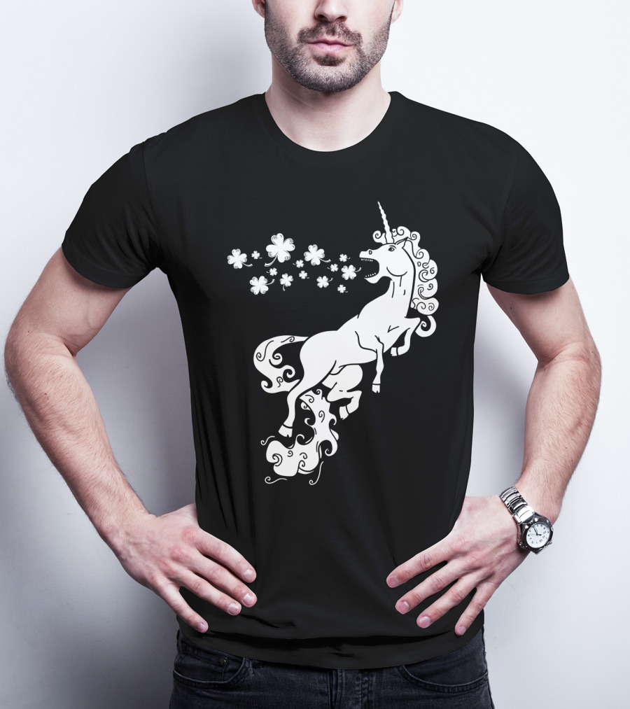 Unicorn Blowing Shamrock Flowers Mystical T-Shirt