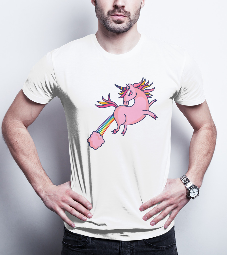 Magical Unicorn With Rainbow Tail And Puffy Clouds T-Shirt