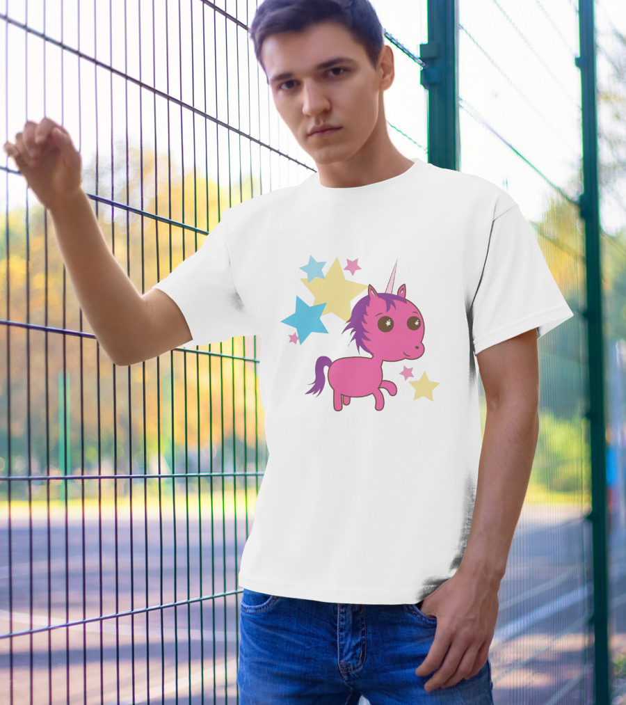 Pink Trippin Sparkles Unicorn With Colorful Stars T-Shirt