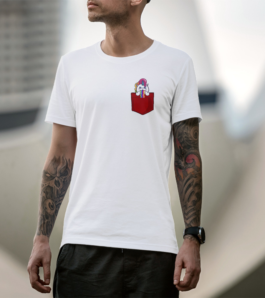 Crying Rainbow Unicorn In Red Pocket T-Shirt