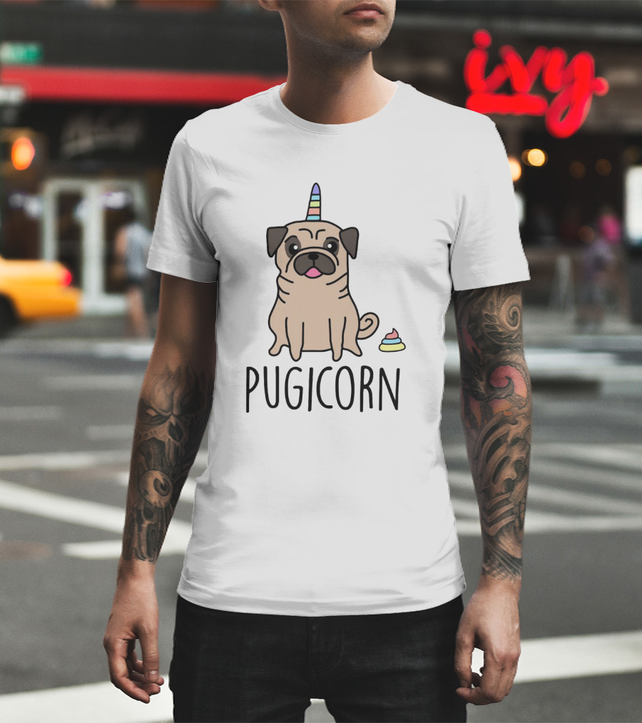 Pugicorn Rainbow Unicorn Horn Pug With Colorful Poop T-Shirt