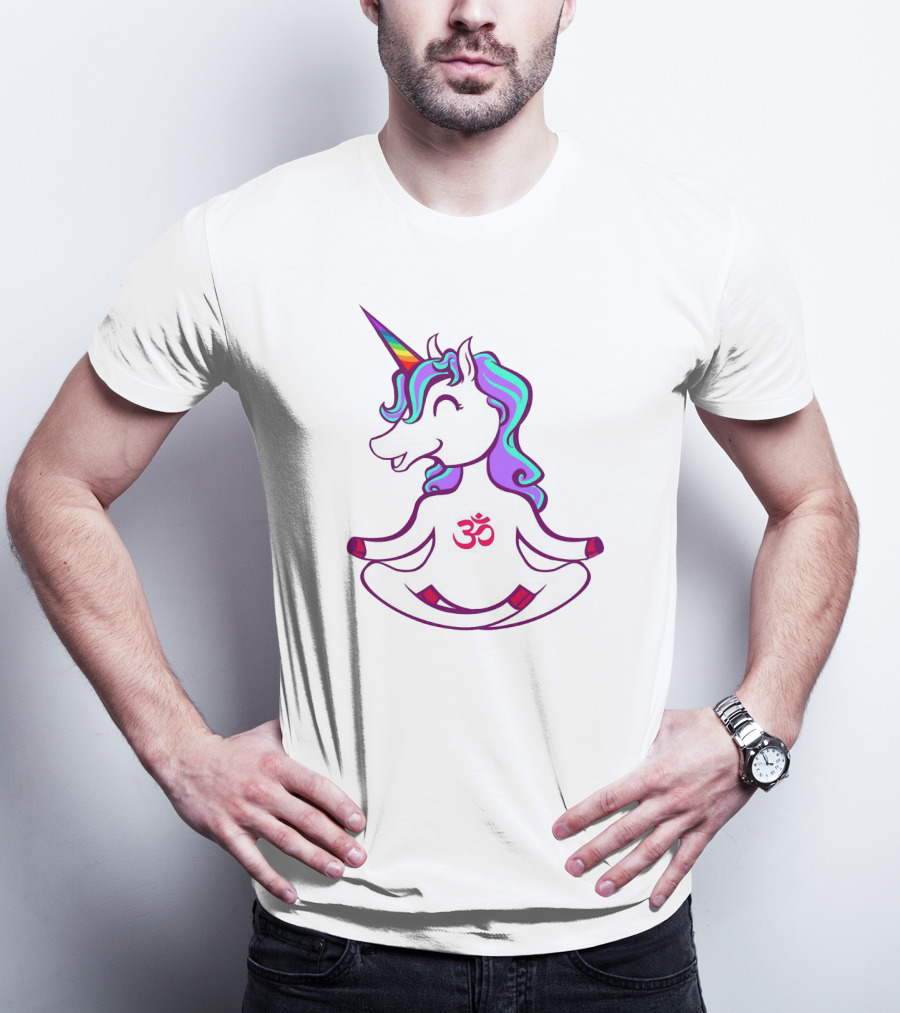 Colorful Yoga Unicorn With Om Symbol In Peaceful Pose T-Shirt