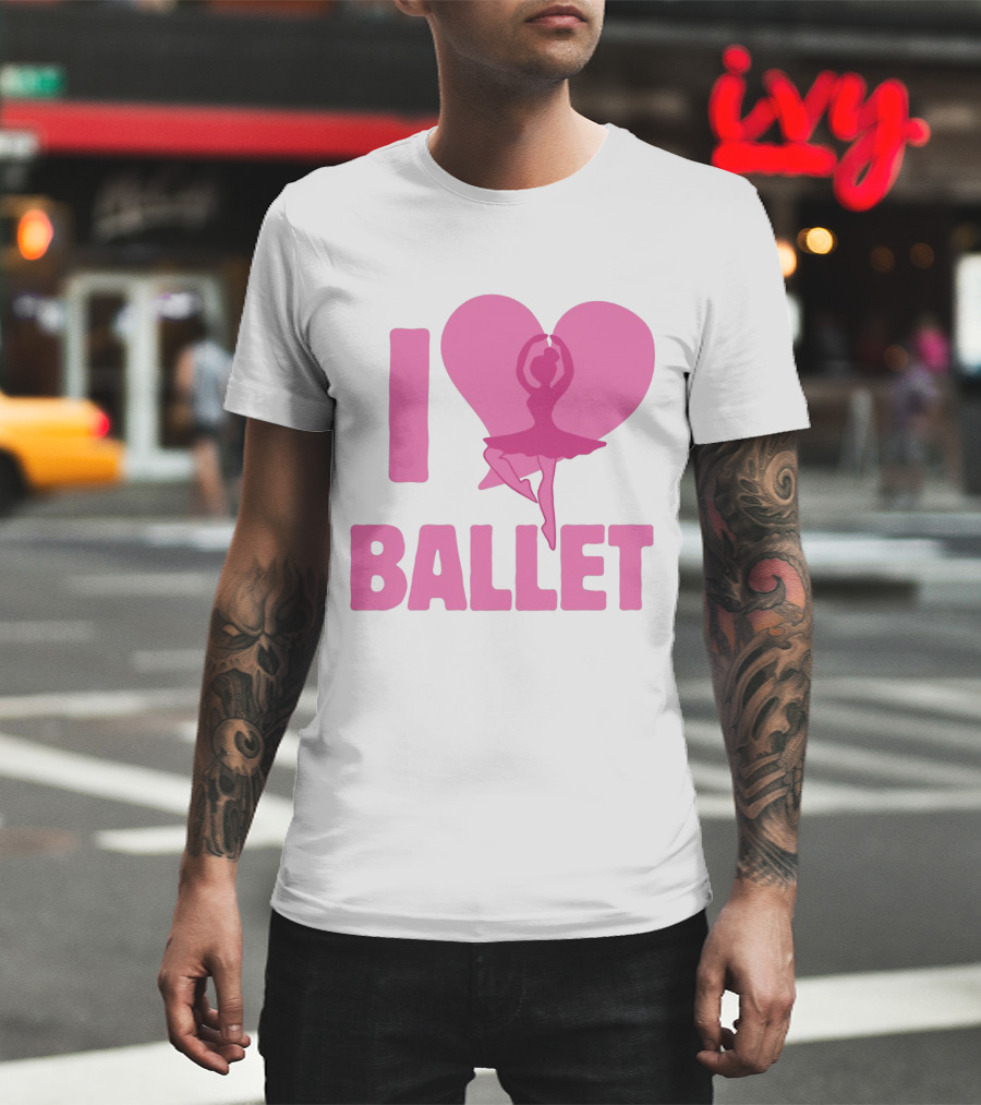 I Heart Ballet Pink Ballerina Silhouette In Love Heart T-Shirt