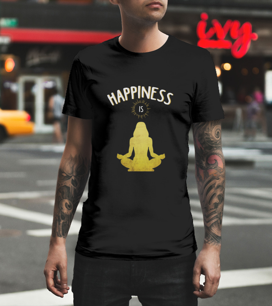 Happiness Is Yoga Meditation Silhouette In Yellow With Sunburst T-Shirt