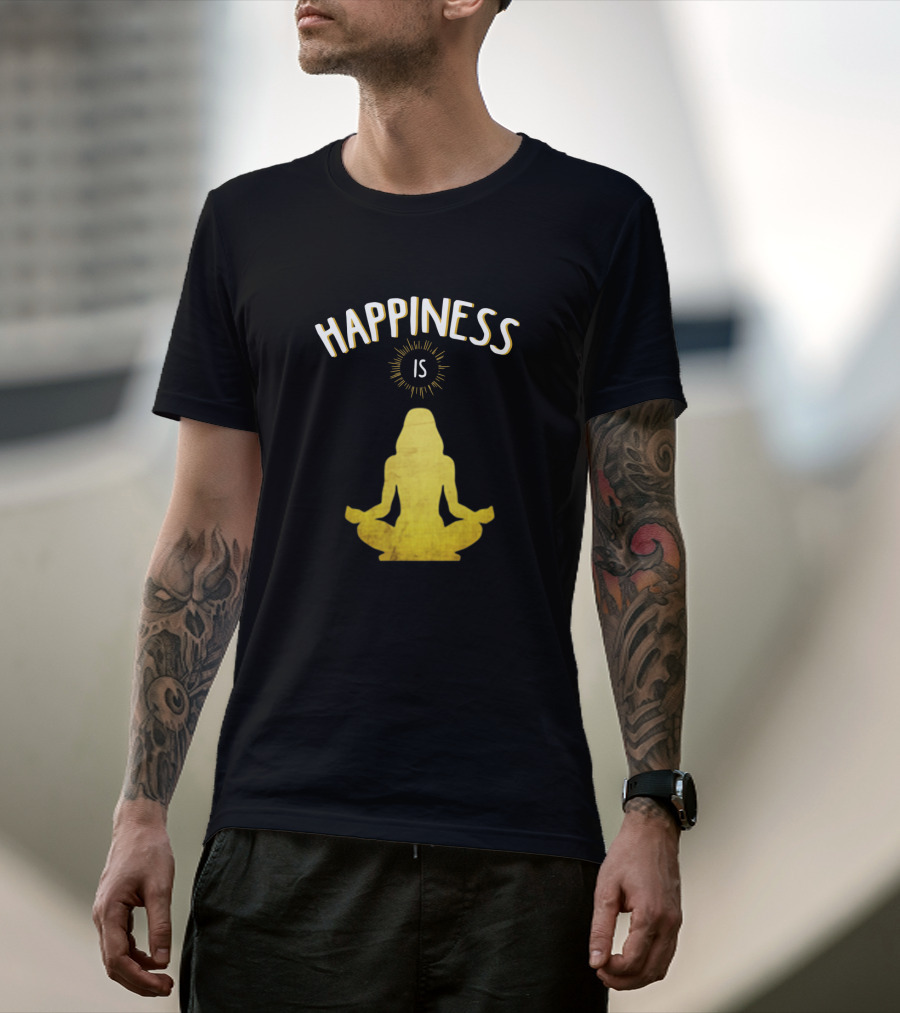 Happiness Is Yoga Meditation Silhouette In Yellow With Sunburst T-Shirt