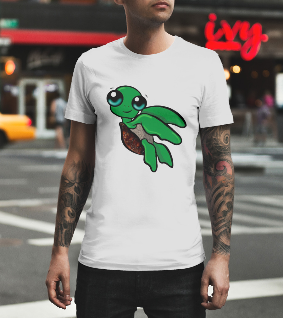 Funky Turtle Cute Green Cartoon Character With Big Eyes T-Shirt