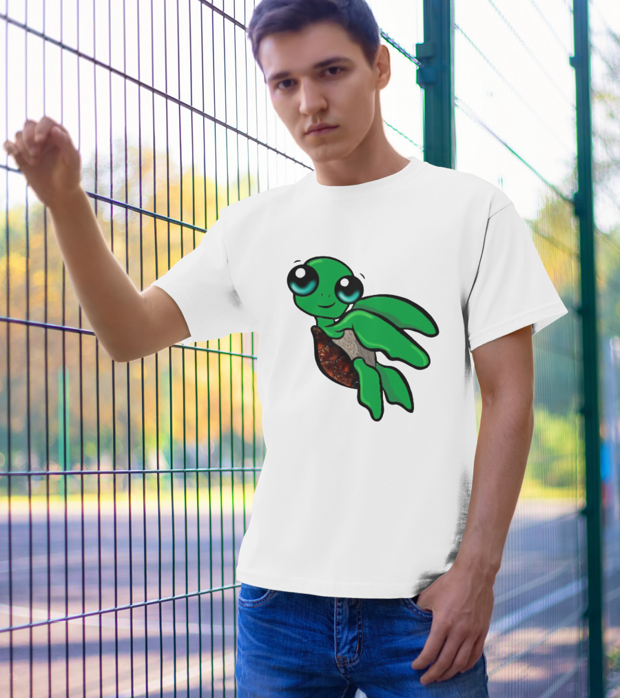 Funky Turtle Cute Green Cartoon Character With Big Eyes T-Shirt