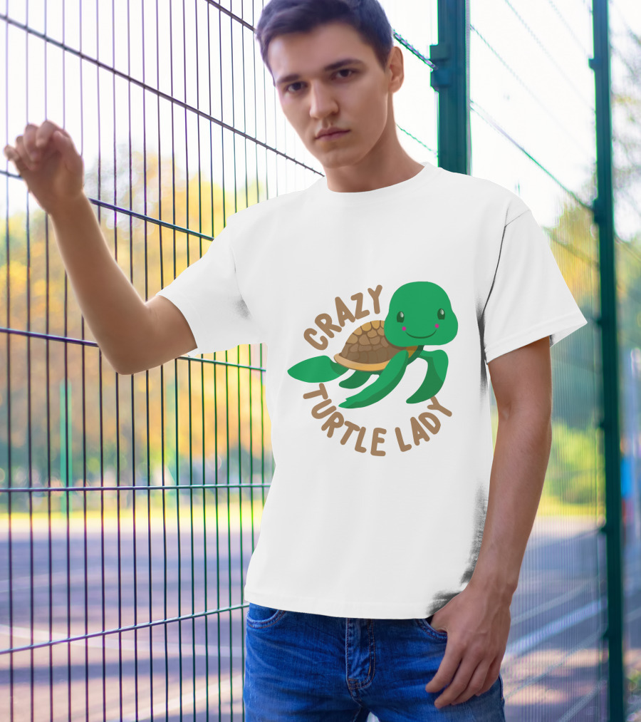 Crazy Turtle Lady Cute Green Cartoon Style Turtle With Happy Face T-Shirt