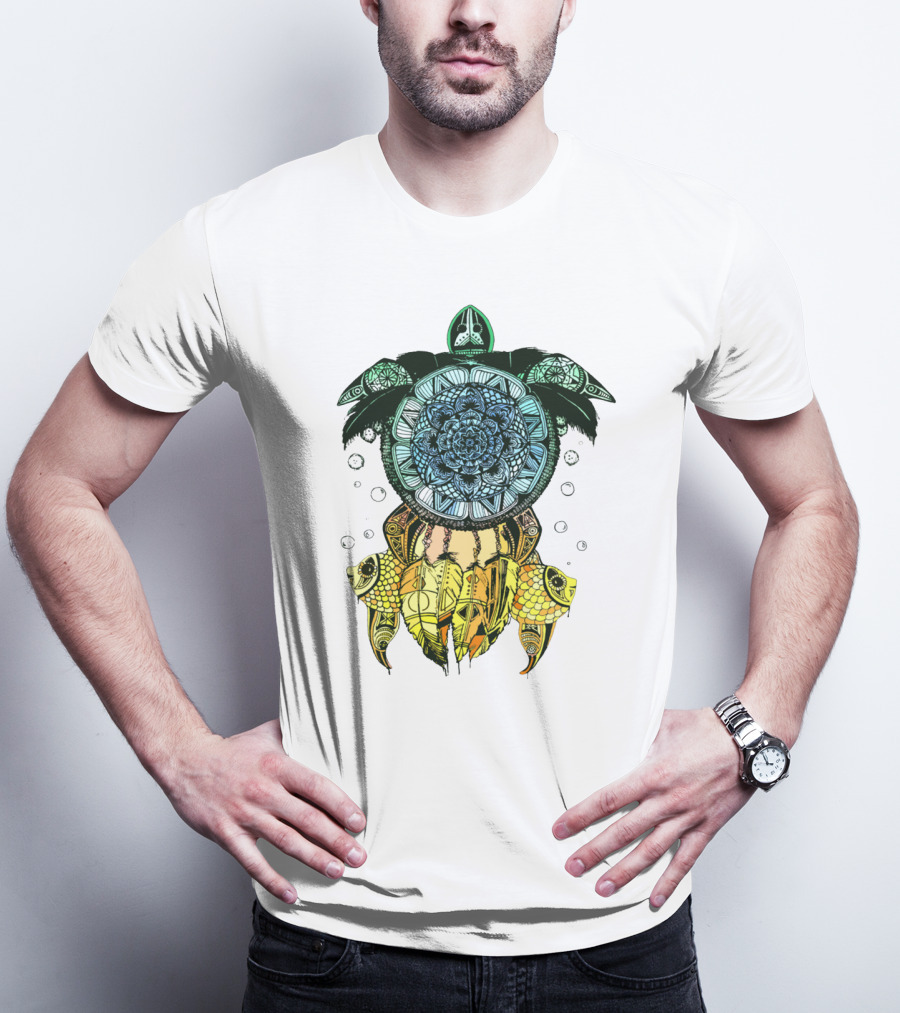 Dreamcatcher Flower Of Life Turtle With Intricate Mandala Feather And Geometric T-Shirt
