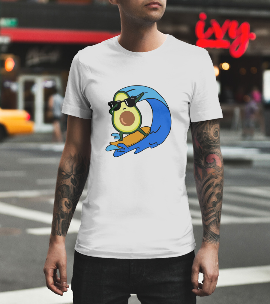Avocado Wearing Sunglasses Riding Blue Ocean Wave T-Shirt
