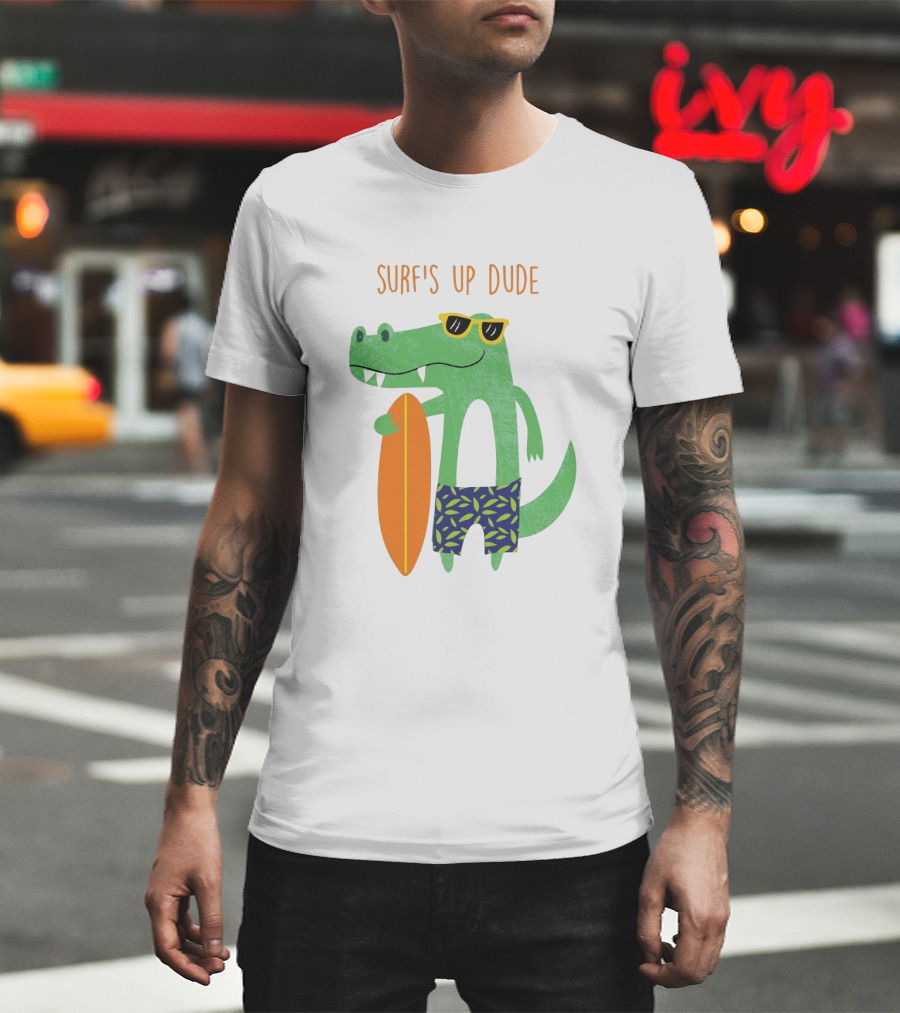 Surf's Up Dude Cool Crocodile In Sunglasses With Surfboard And Tropical Shorts T-Shirt