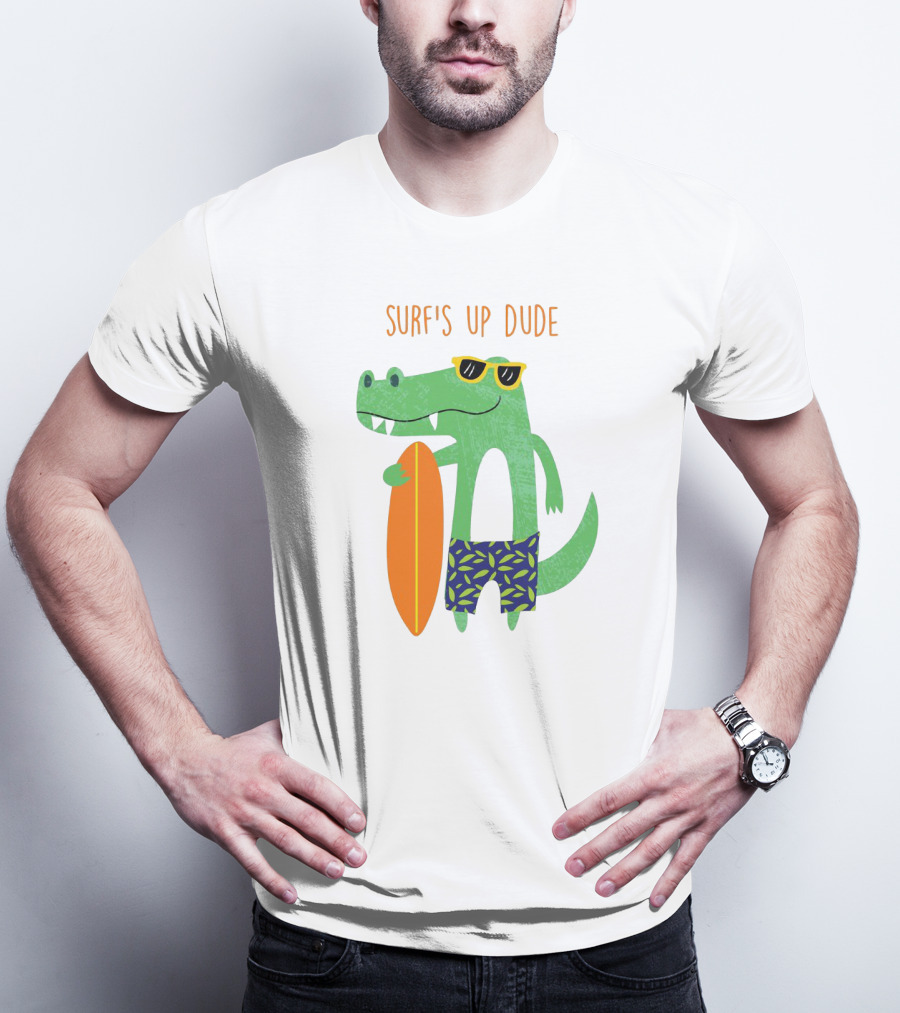 Surf's Up Dude Cool Crocodile In Sunglasses With Surfboard And Tropical Shorts T-Shirt