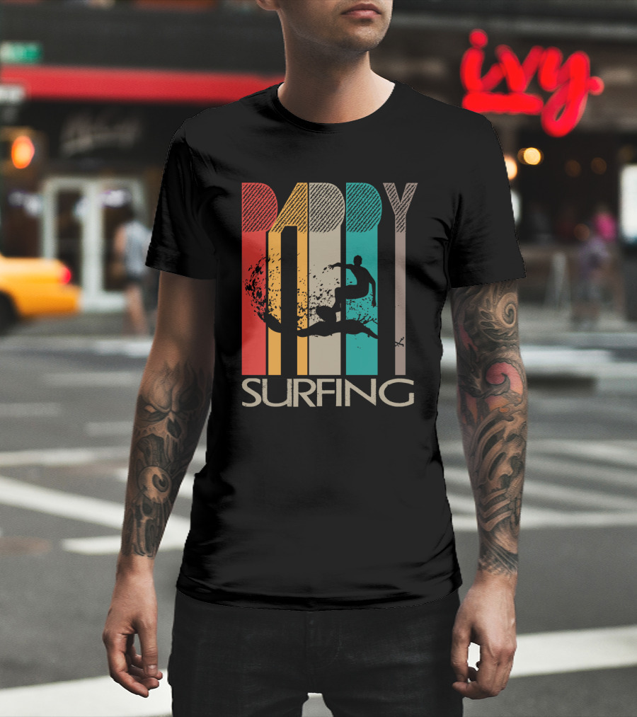 Vintage Daddy Surfing Silhouette With Retro Color Stripes T-Shirt