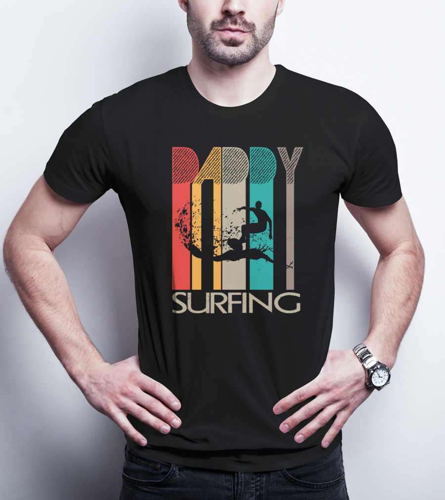 Vintage Daddy Surfing Silhouette With Retro Color Stripes T-Shirt
