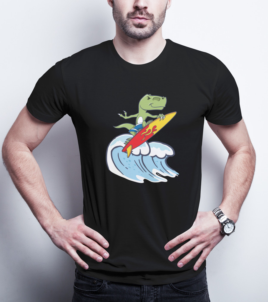 Dinosaur Riding Waves On Fiery Surfboard Ocean Adventure T-Shirt