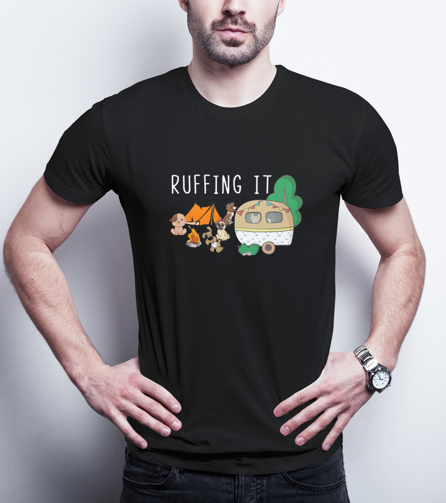 Ruffing It Camping With Dogs Tent Campfire And Caravan T-Shirt