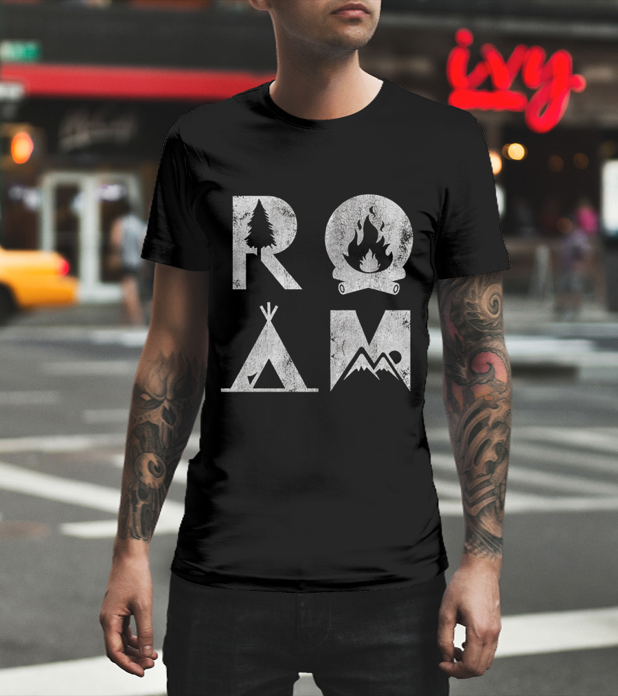 Roam Text Stack With Tree Campfire Tent Mountain Iconography Explore Nature Camping T-Shirt