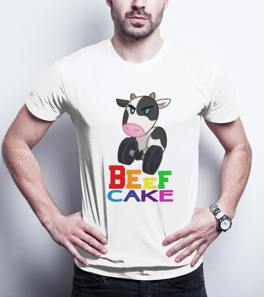 Beefcake Cow Lifting Dumbbells Cartoon T-Shirt