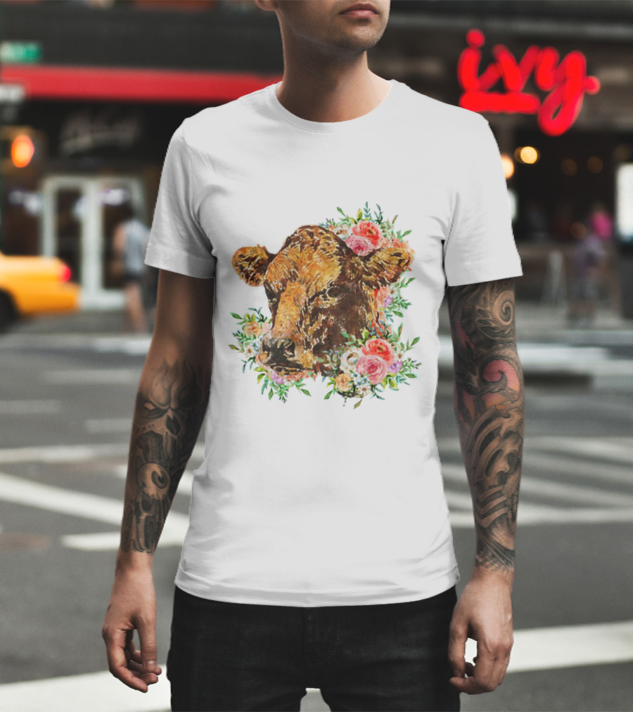 Cow With Floral Accents And Cute Cow Flower Style Motif T-Shirt