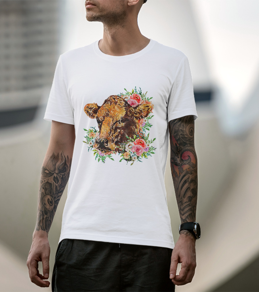 Cow With Floral Accents And Cute Cow Flower Style Motif T-Shirt