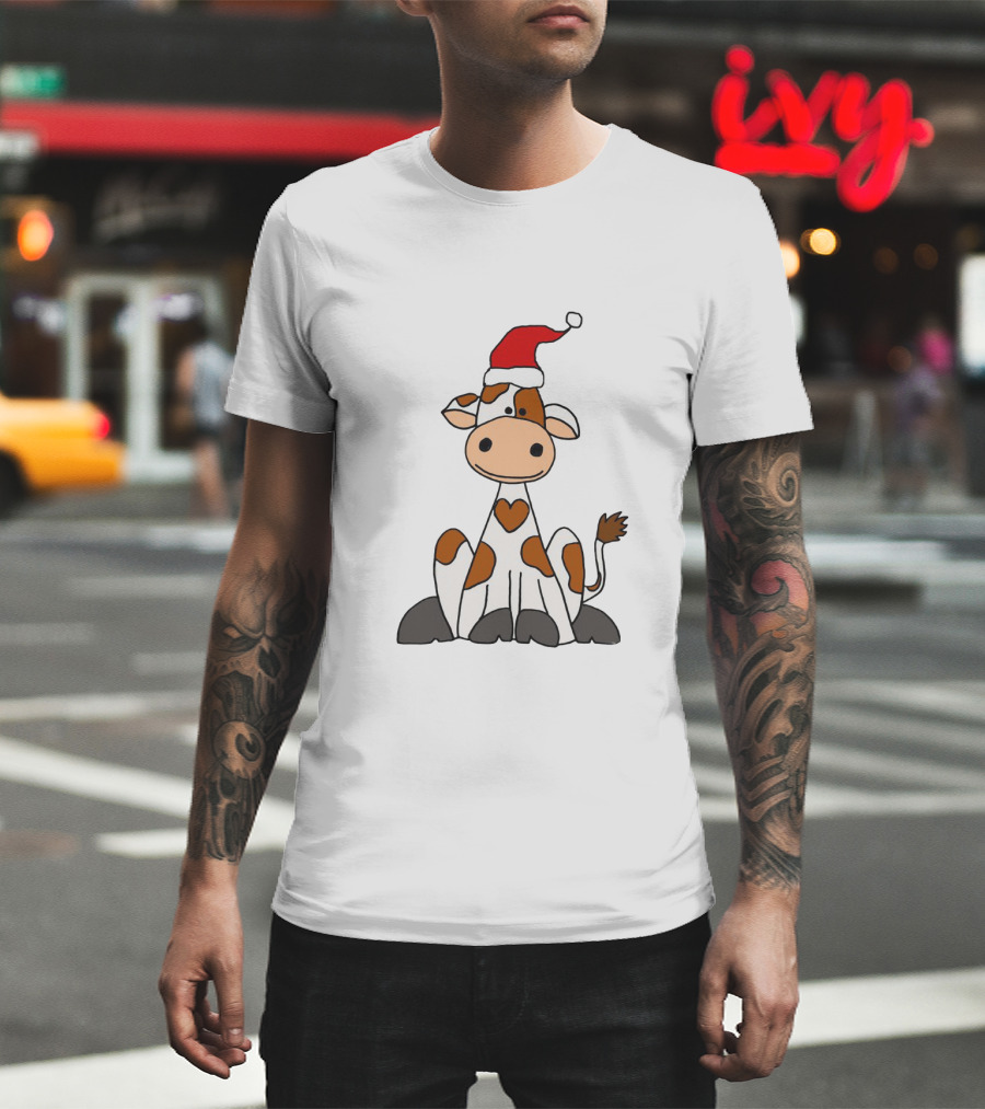 Cute Brown And White Cow Wearing Christmas Santa Hat Cartoon T-Shirt