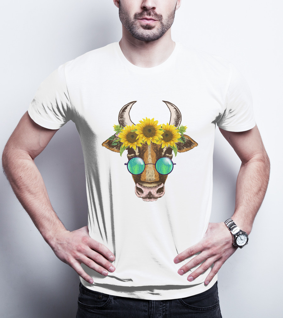 Cute Cow With Sunflower And Sunglasses Headpiece T-Shirt