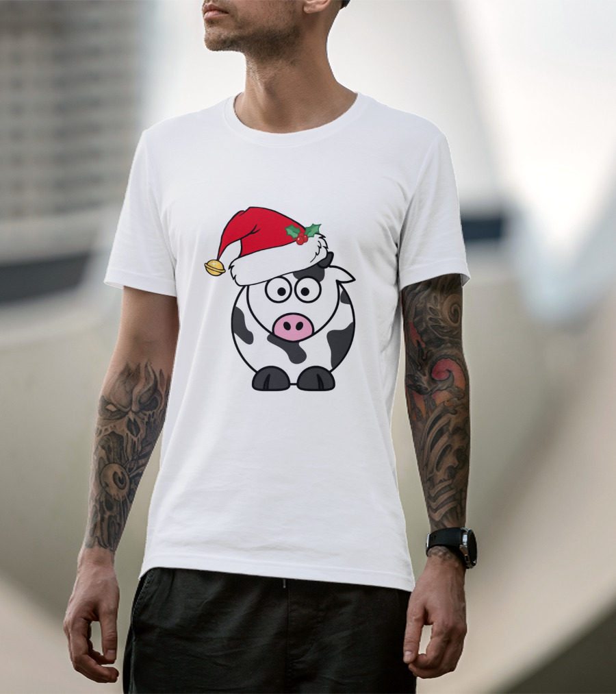 Cartoon Cow With Santa Hat And Holly Christmas Charm T-Shirt