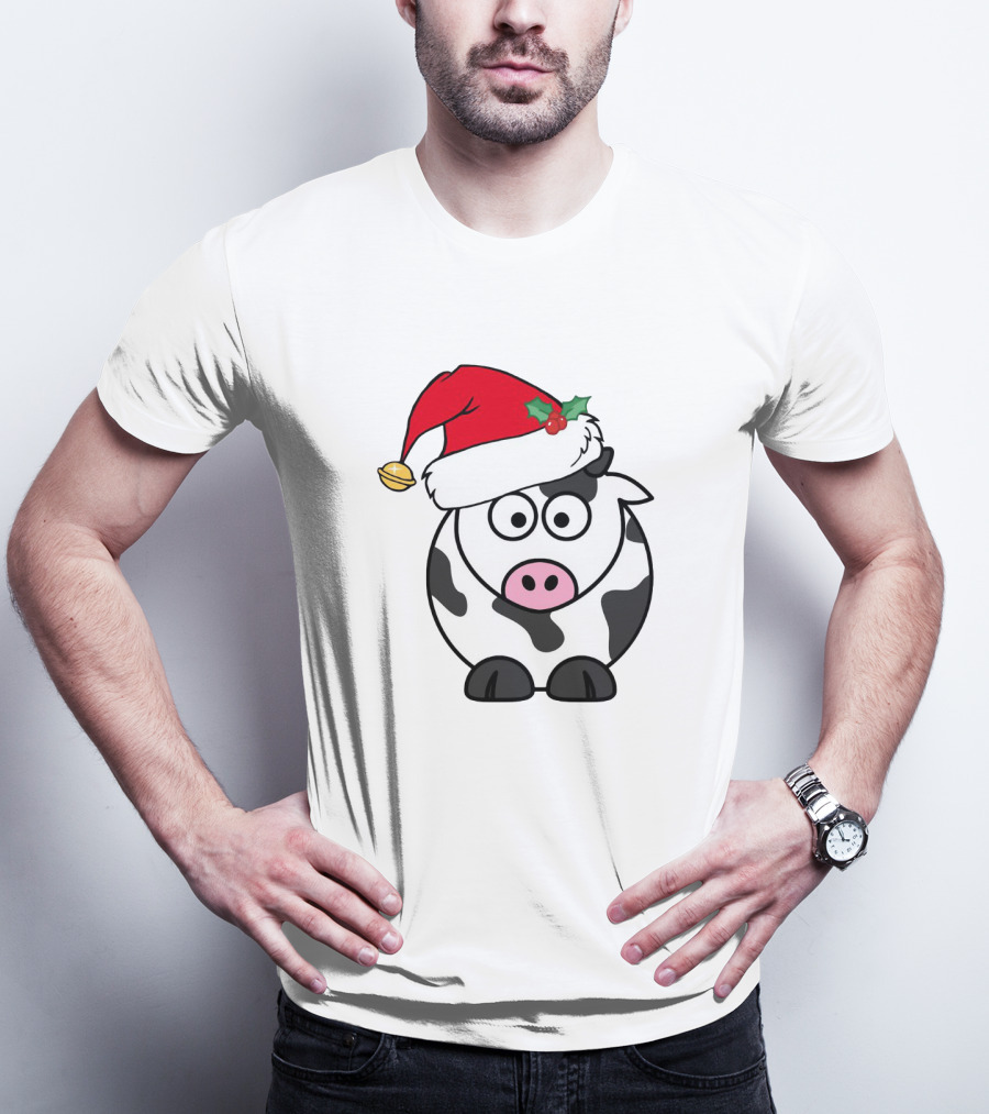 Cartoon Cow With Santa Hat And Holly Christmas Charm T-Shirt