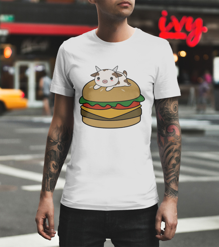Funny Burger Cow Kawaii Cartoon Cheeseburger With Cute Animal Topping T-Shirt