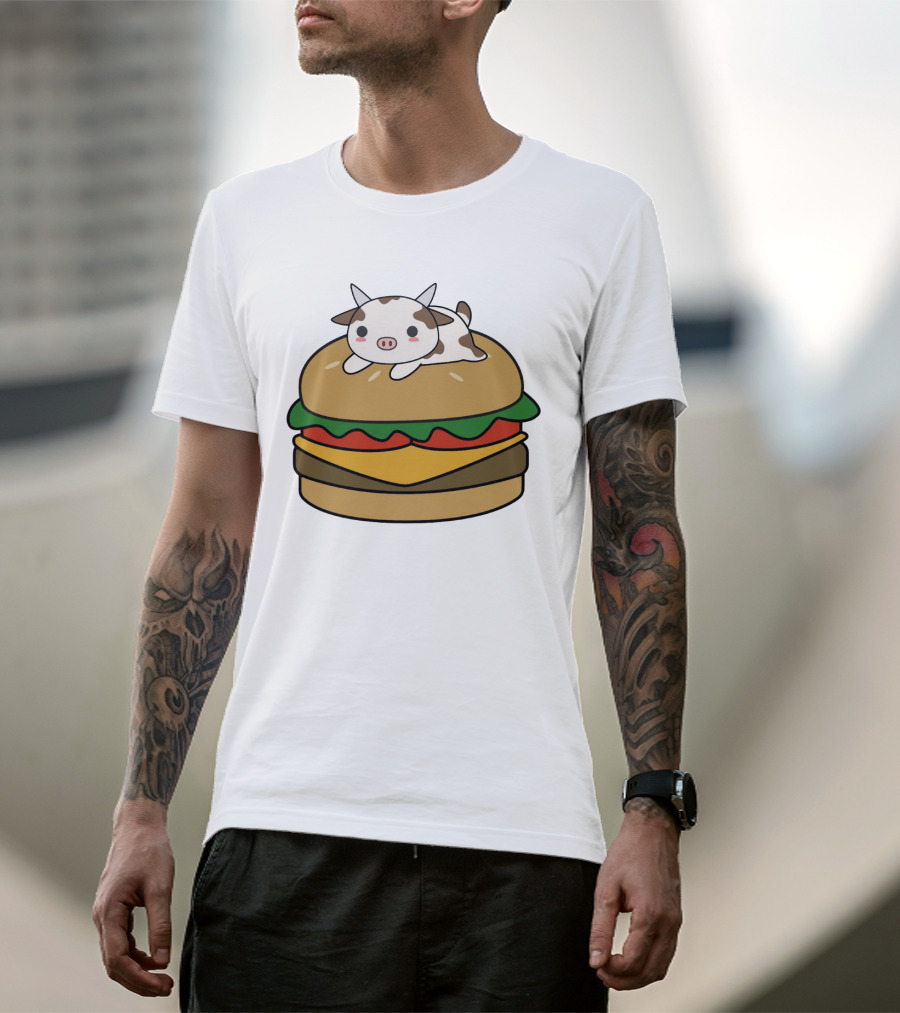 Funny Burger Cow Kawaii Cartoon Cheeseburger With Cute Animal Topping T-Shirt