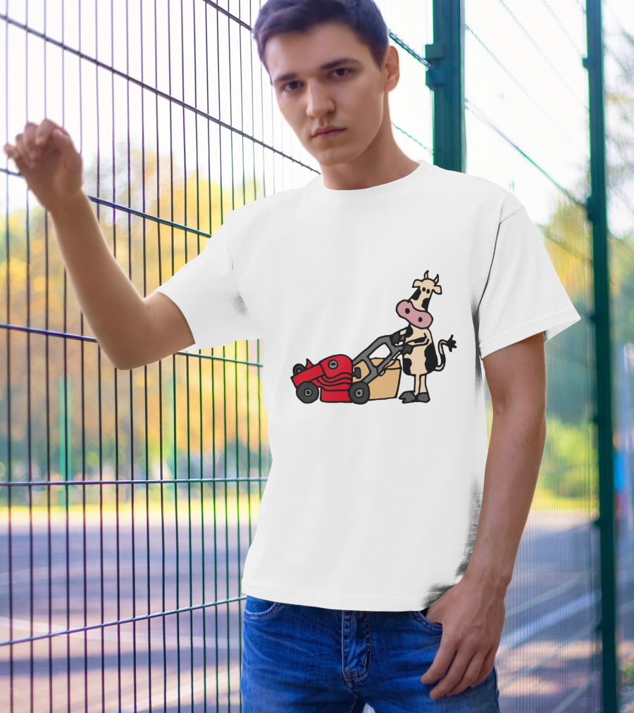 Funny Cow Mowing Grass Cartoon With Red Lawn Mower T-Shirt