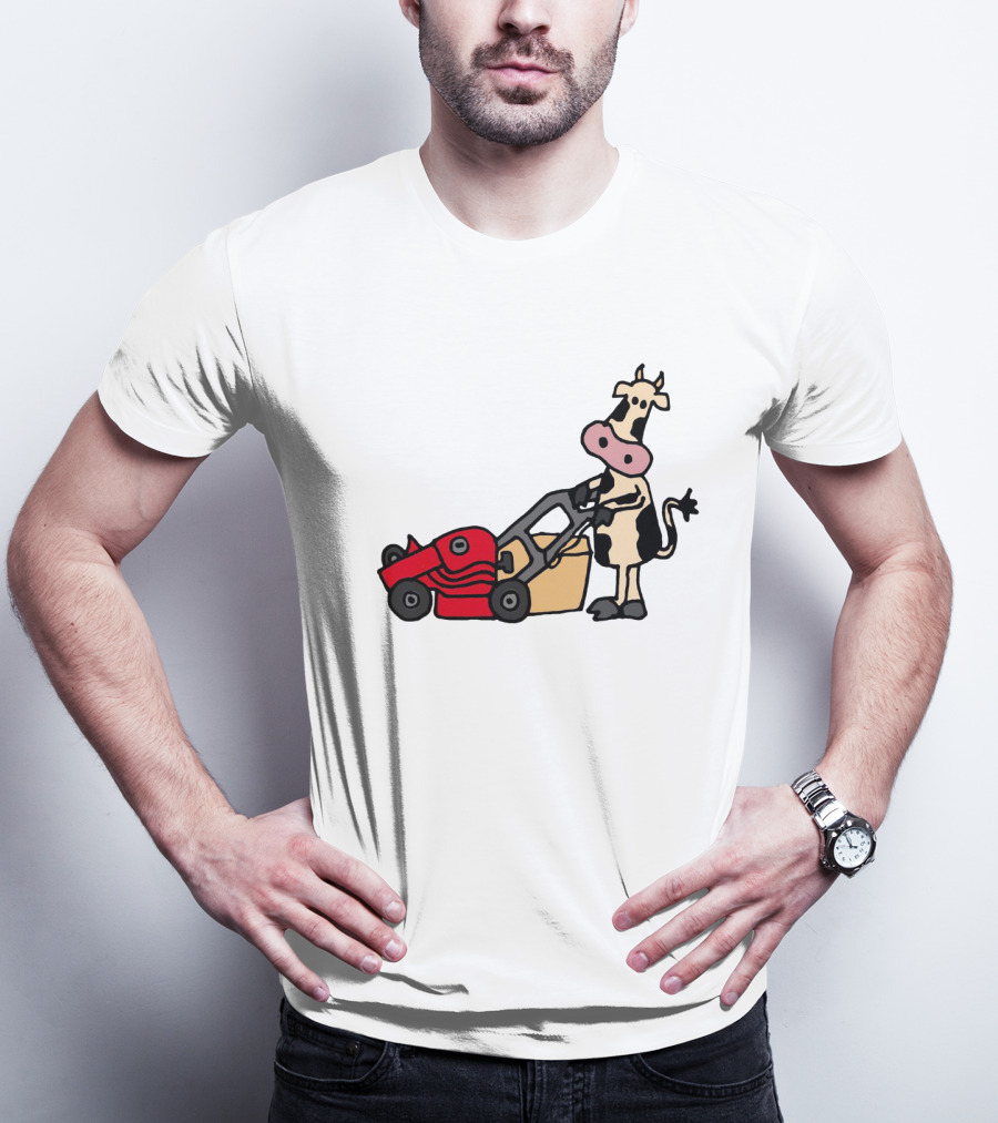 Funny Cow Mowing Grass Cartoon With Red Lawn Mower T-Shirt