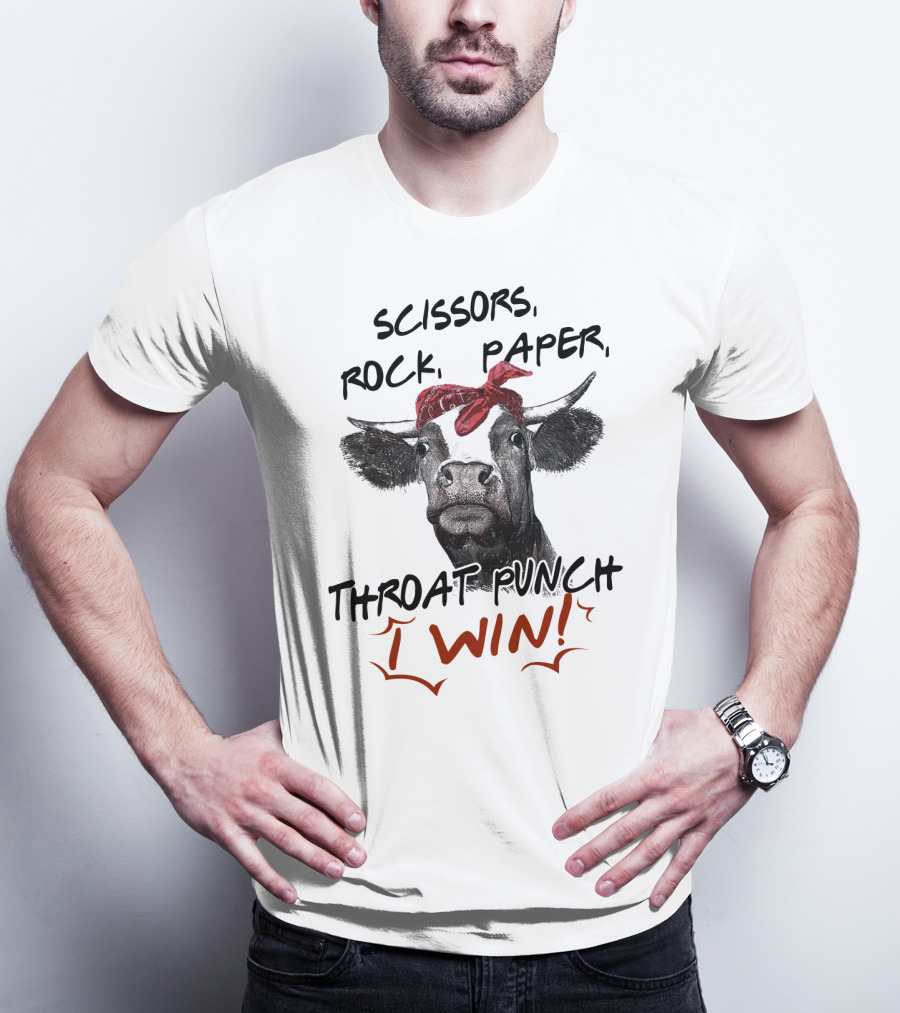 Scissors Rock Paper Throat Punch I Win Funny Cow Bandana T-Shirt