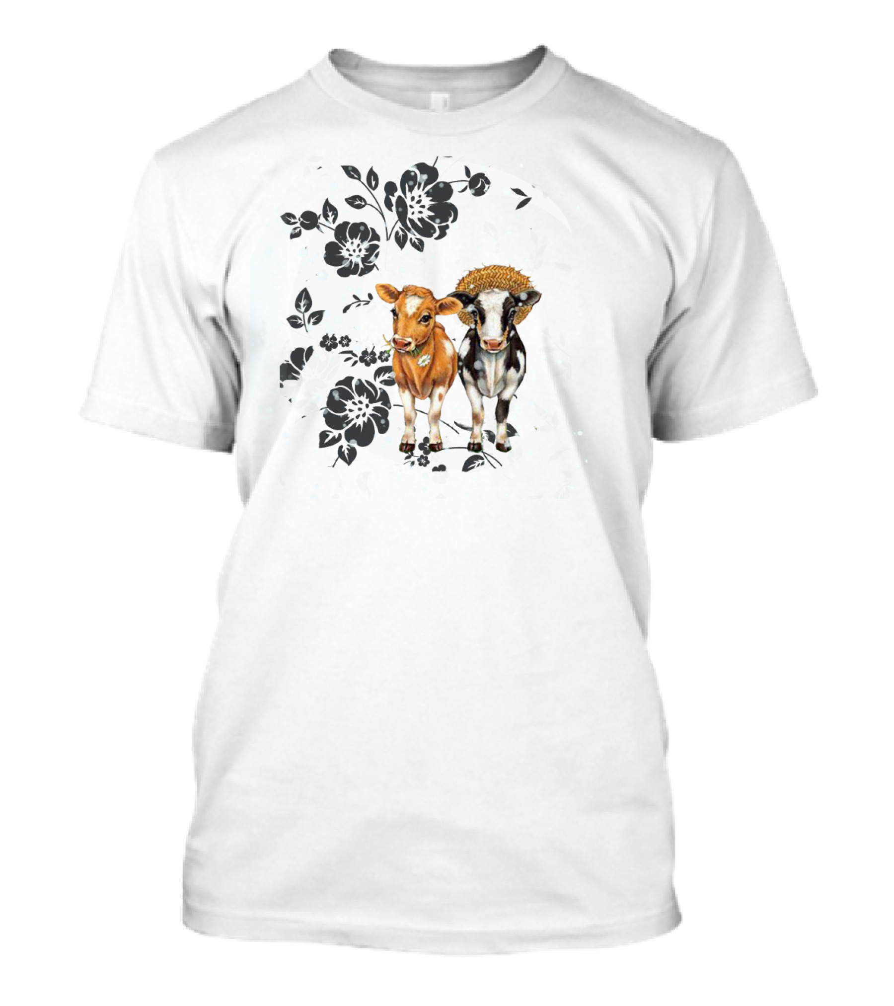 I Love Cows To The Moon And Back Floral Black And White Cow T-Shirt