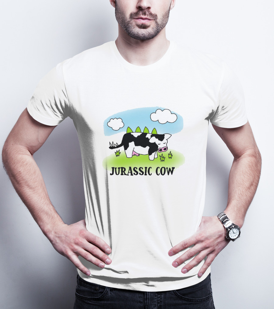 Jurassic Cow Grazing With Dinosaur Spikes Under Blue Sky And Clouds In Cartoon T-Shirt