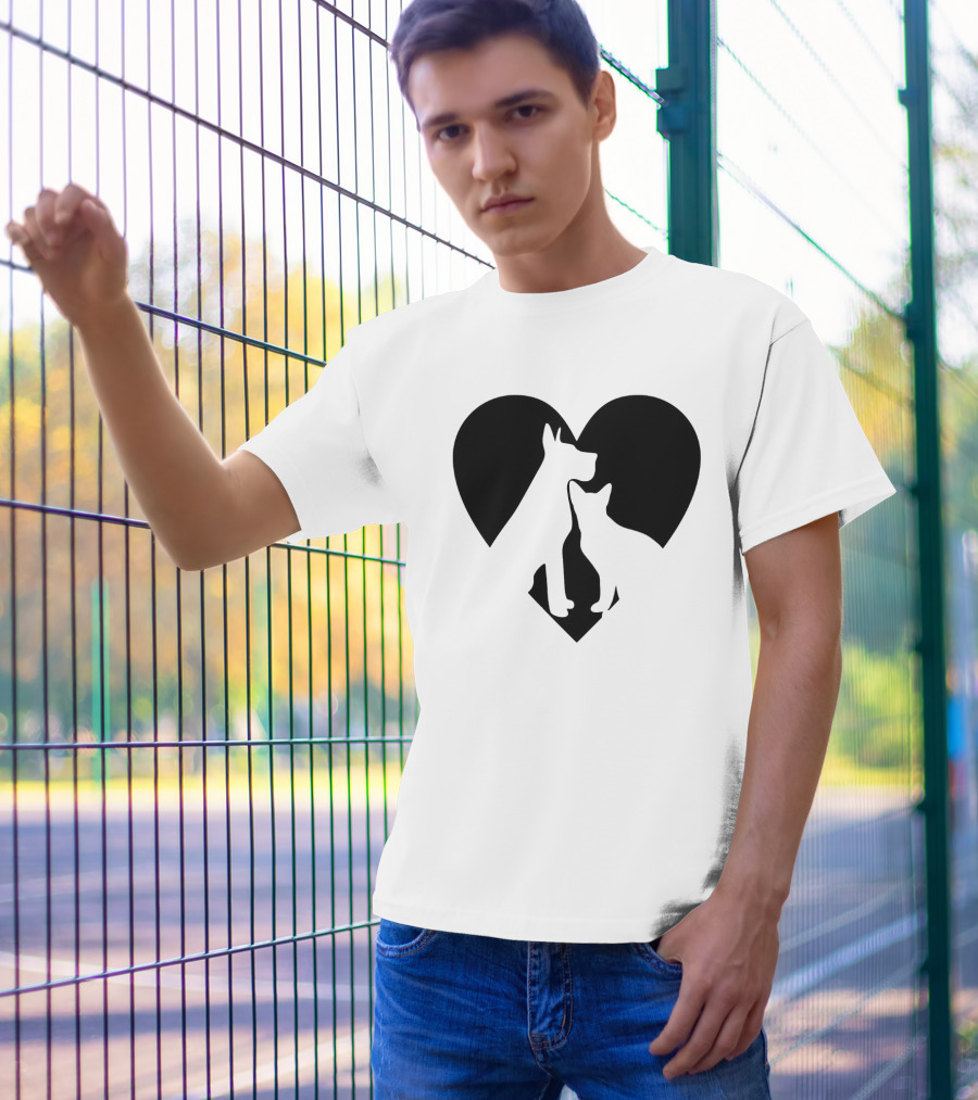 Love Animals Heart Silhouette Featuring Dog And Cat T-Shirt