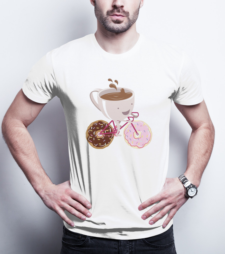 Happy Coffee Cup Riding Donut Bicycle Fun T-Shirt