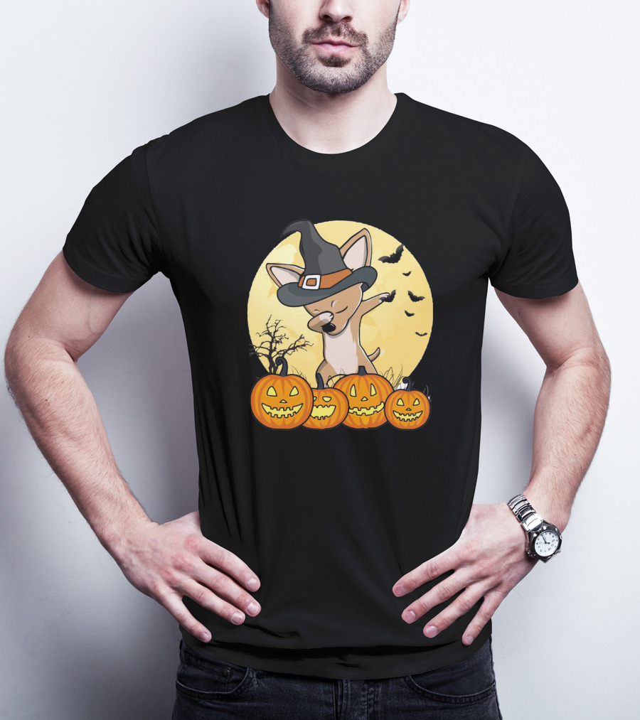Chihuahua Dabbing In Witch Hat With Pumpkins Halloween Moon Background T-Shirt