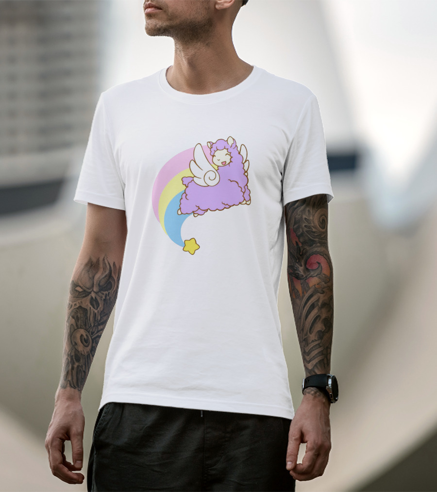 Flying Alpacasus: Winged Purple Alpaca With Rainbow And Star Trail T-Shirt