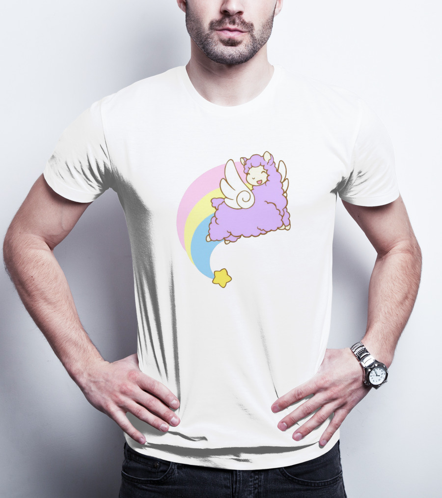 Flying Alpacasus: Winged Purple Alpaca With Rainbow And Star Trail T-Shirt
