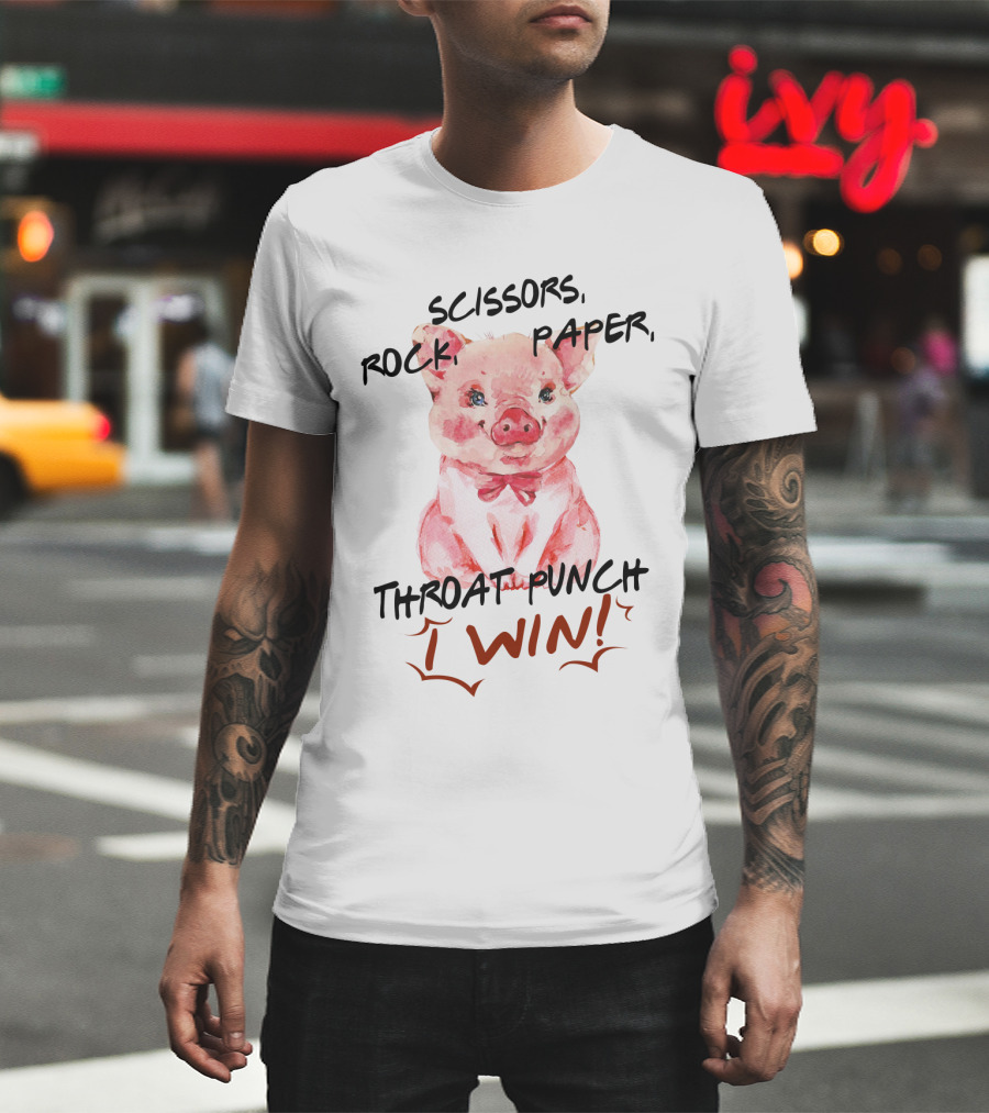 Scissors Rock Paper Throat Punch I Win Cute Pig Watercolor T-Shirt