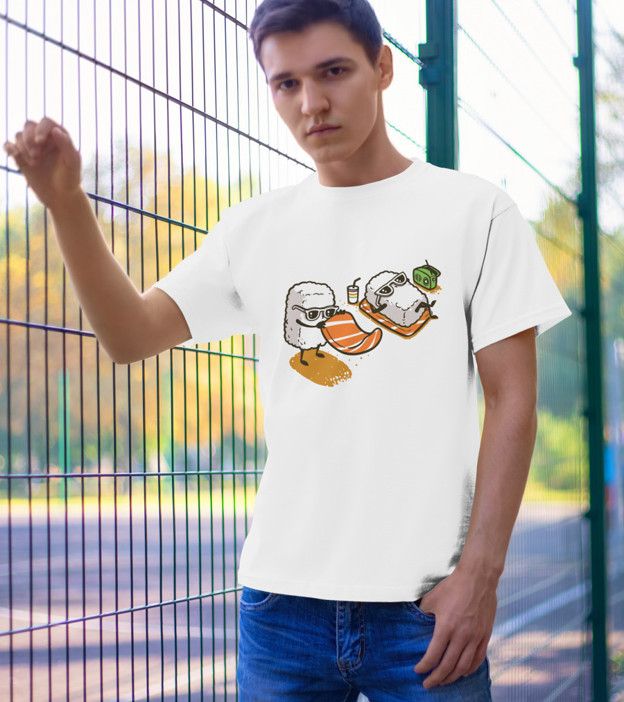 Sushi Chill Vibes: Cute Rice And Salmon Characters Relaxing With Shades And Radio T-Shirt