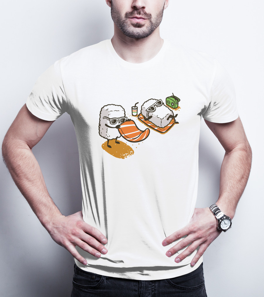 Sushi Chill Vibes: Cute Rice And Salmon Characters Relaxing With Shades And Radio T-Shirt