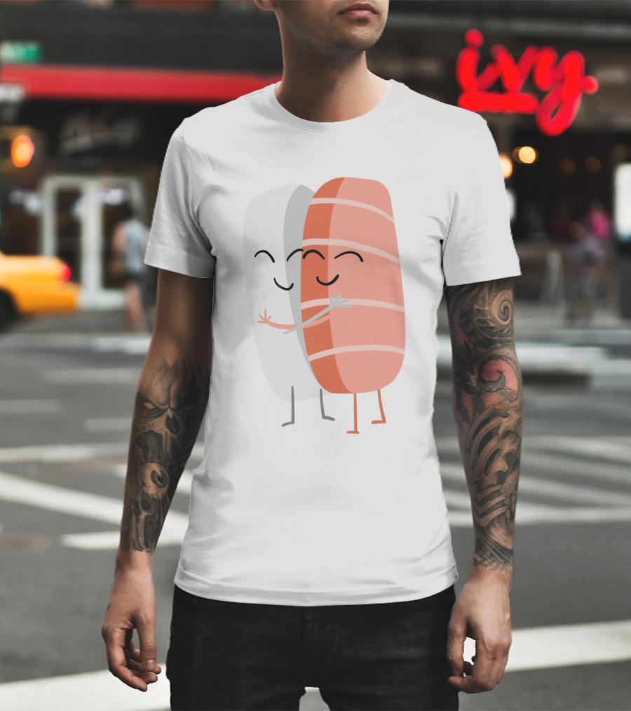 Kawaii Sushi Hugging Salmon Nigiri Cartoon T-Shirt